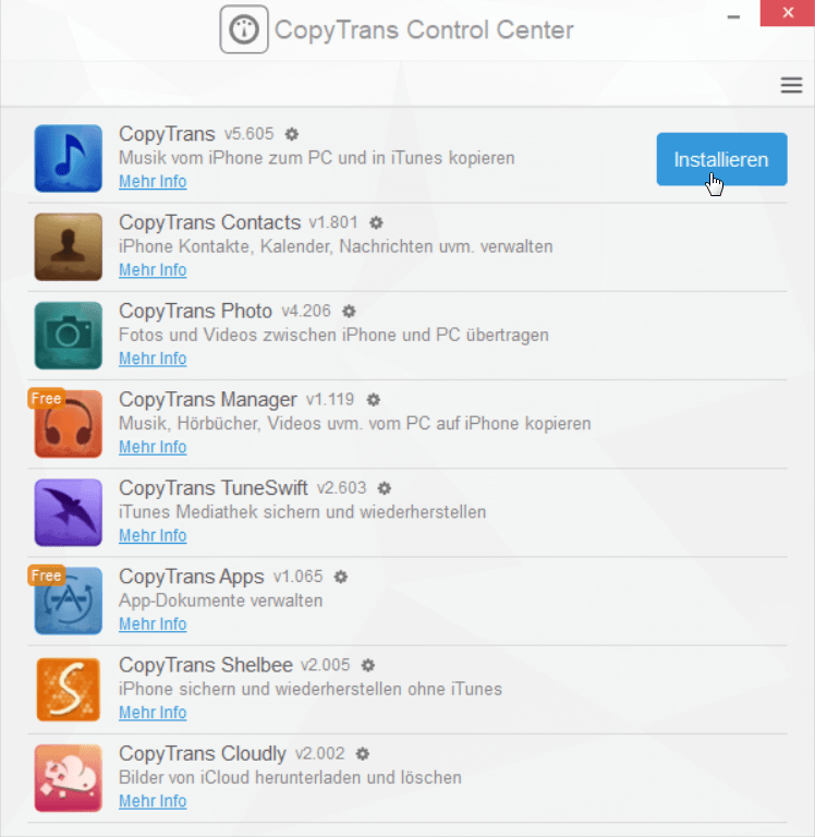Wie installiere ich die CopyTrans Programme?